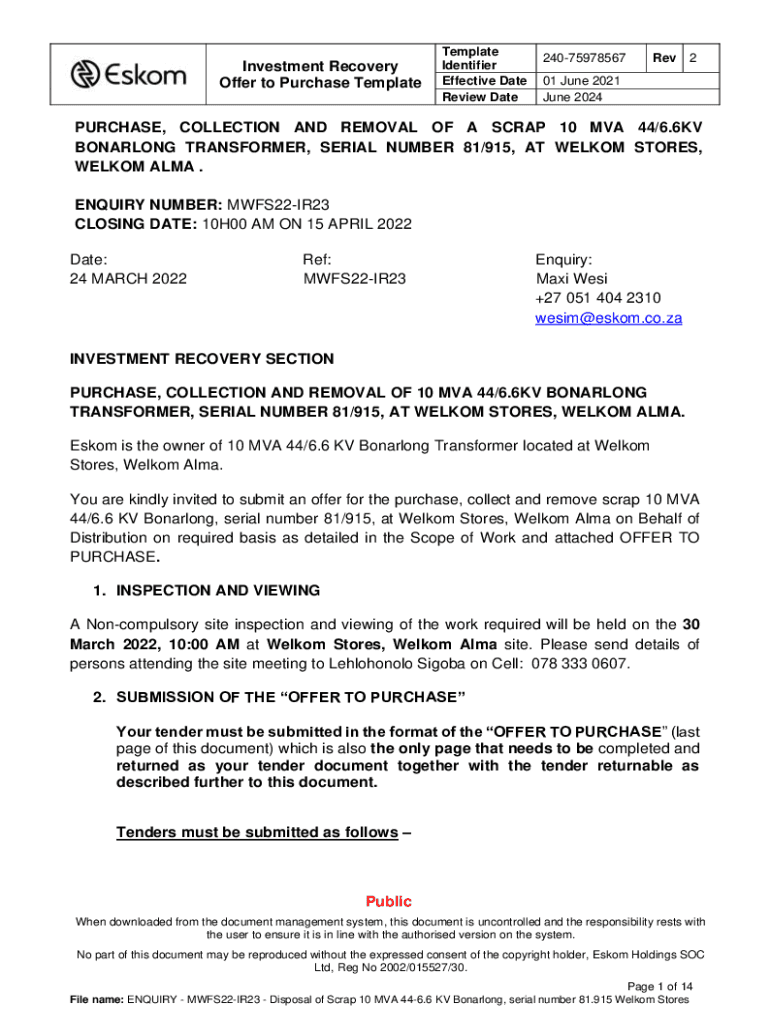 Fillable Online BONARLONG TRANSFORMER, SERIAL NUMBER 81/915, AT WELKOM ...