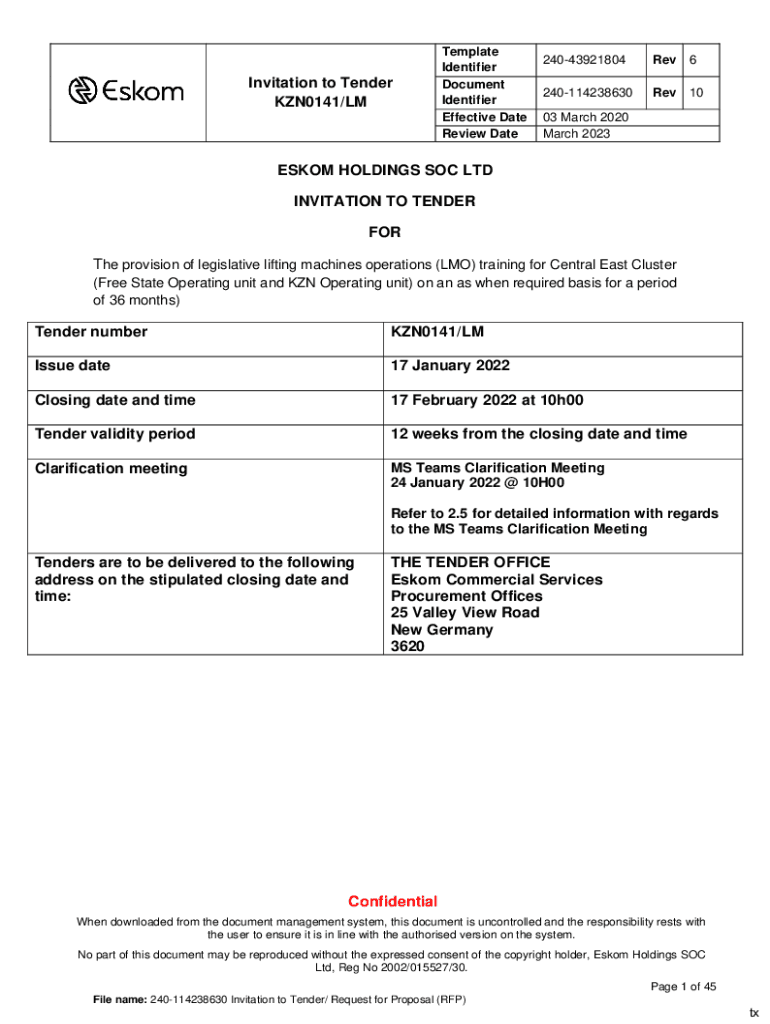 Fillable Online Invitation to Tender KZN0141/LM Confidential ESKOM ...