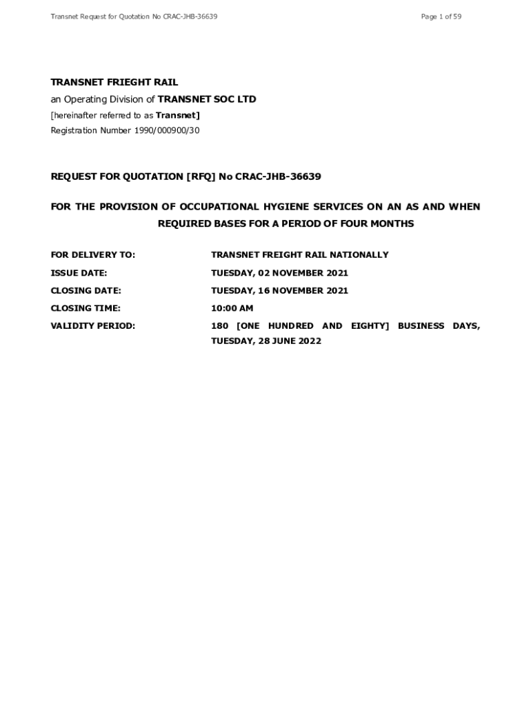 Fillable Online Transnet Request for Quotation No CRAC-JHB-36639 Fax ...