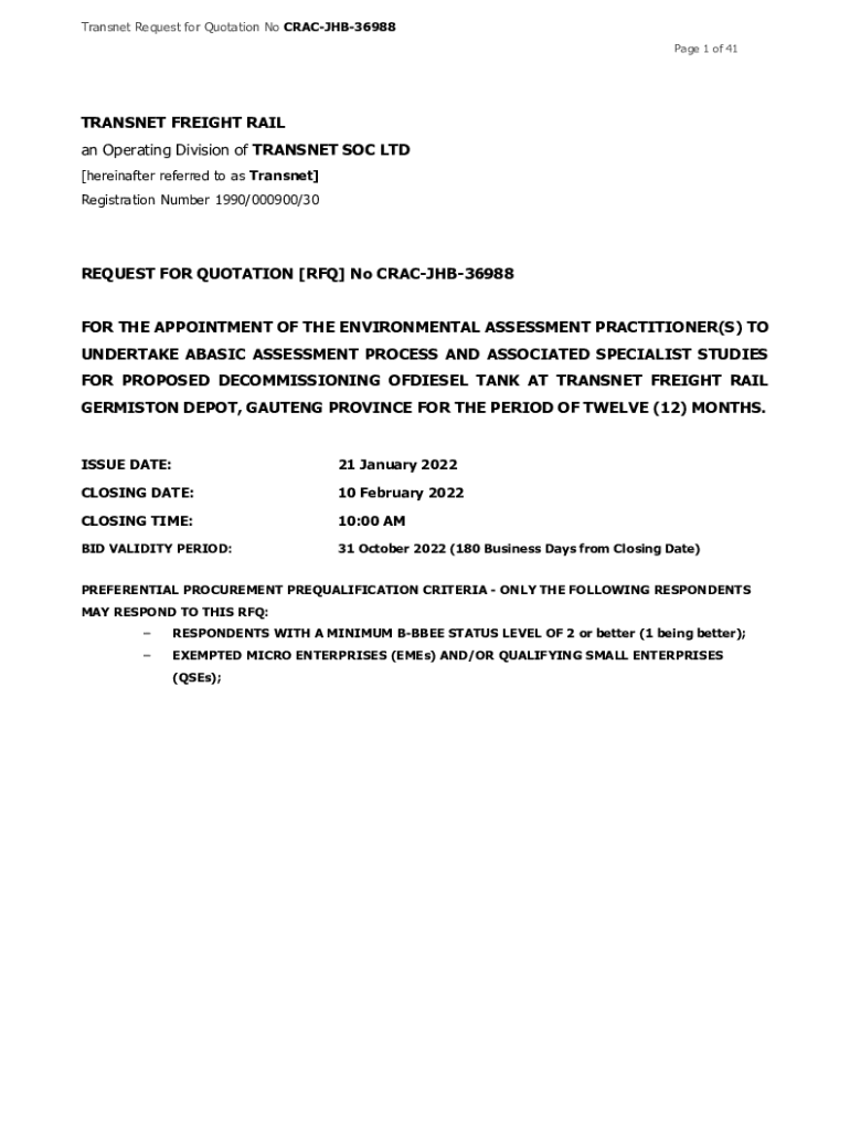 Fillable Online Transnet Request for Quotation No CRAC-JHB-36988 Fax ...