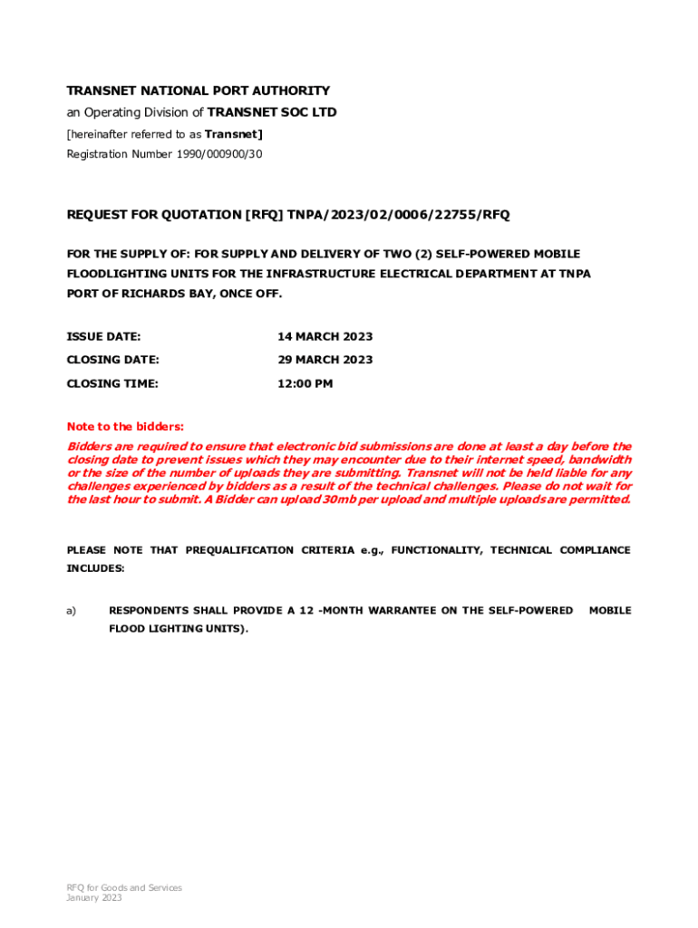 Fillable Online REQUEST FOR QUOTATION RFQ TNPA/2023/02/0006/22755/RFQ Fax Email Print - pdfFiller
