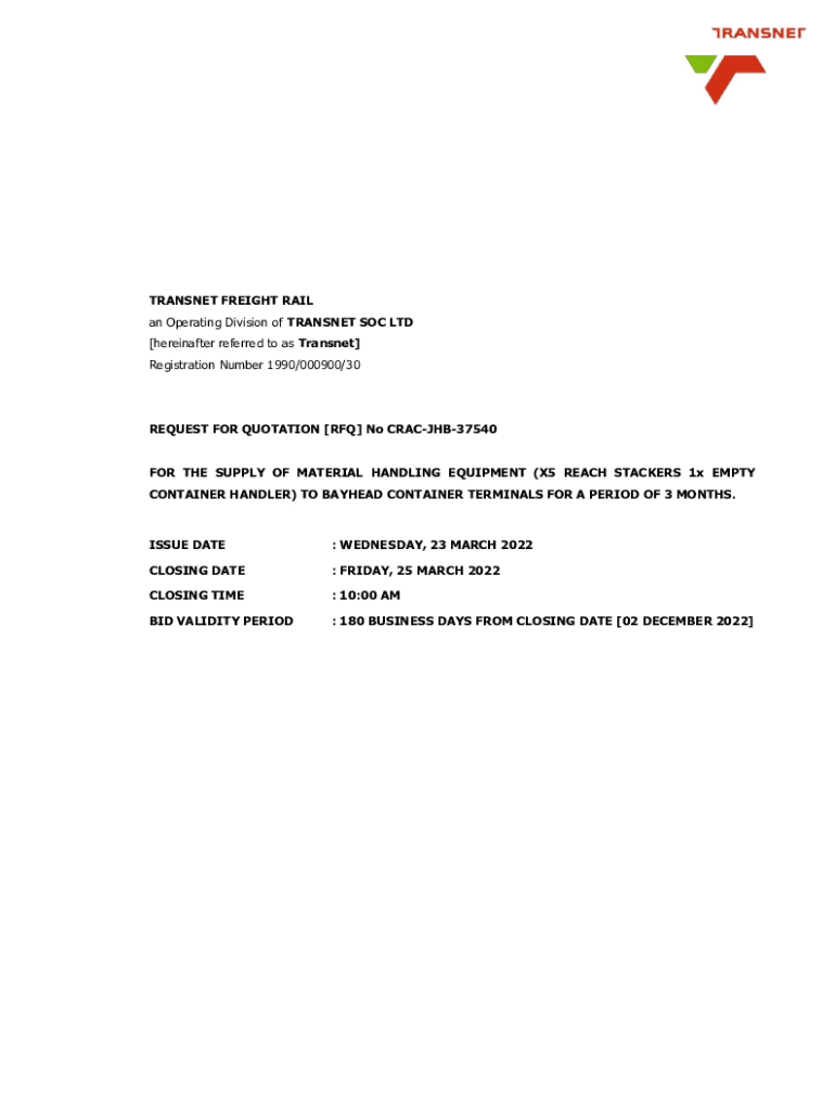 Fillable Online REQUEST FOR QUOTATION RFQ No CRAC-JHB-37540 Fax Email ...