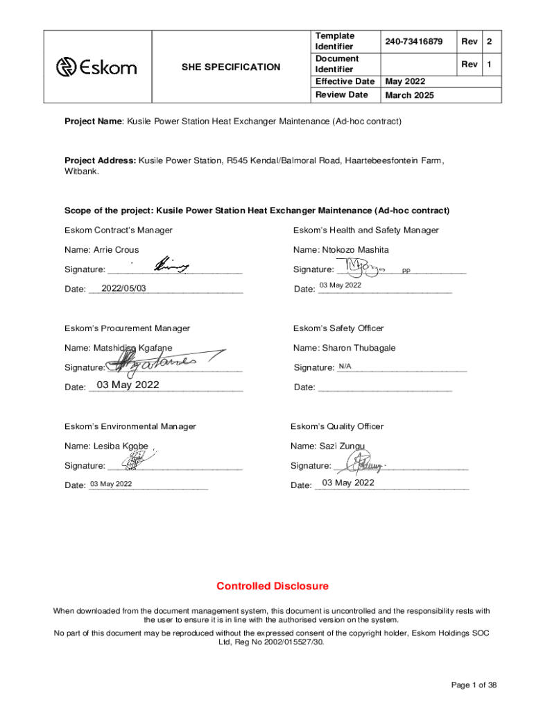 Fillable Online Project Name: Kusile Power Station Heat Exchanger Maintenance (Ad-hoc contract ...