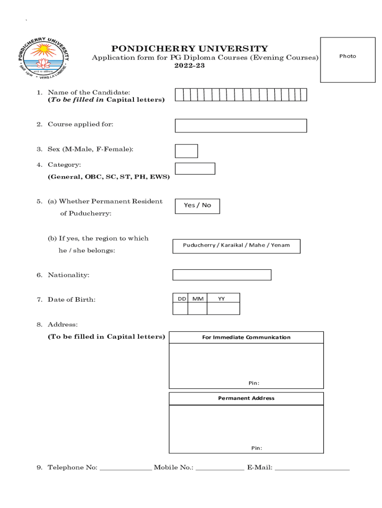 Fillable Online Admissions 22-23: P.G. Diploma and Certificate ... Fax ...