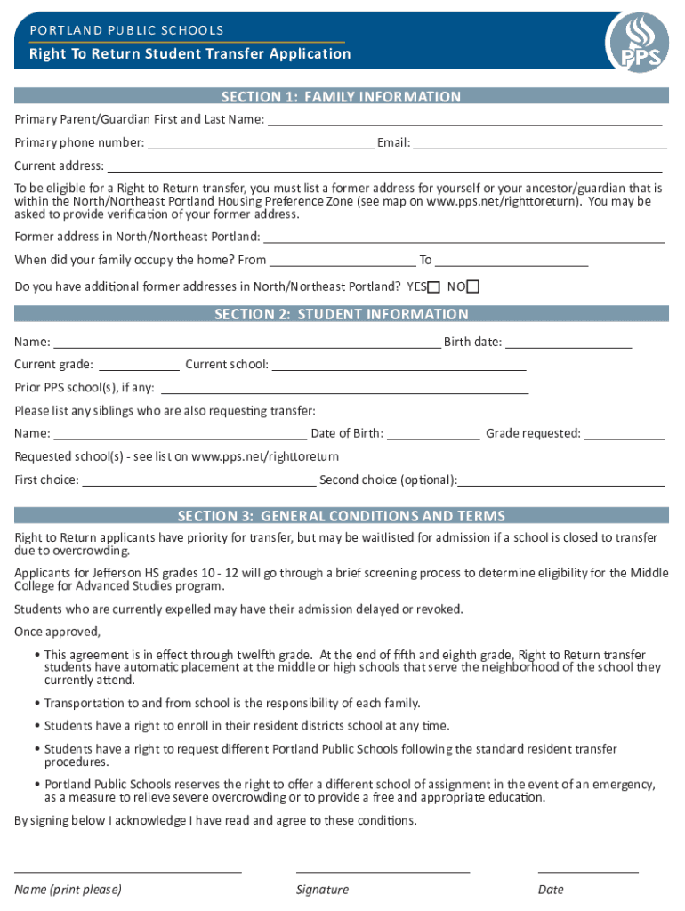 Fillable Online Right To Return Student Transfer Application Fax Email Print - pdfFiller