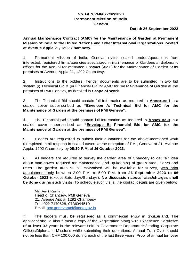 Fillable Online Annual Maintenance Contract (AMC) for the Maintenance ...