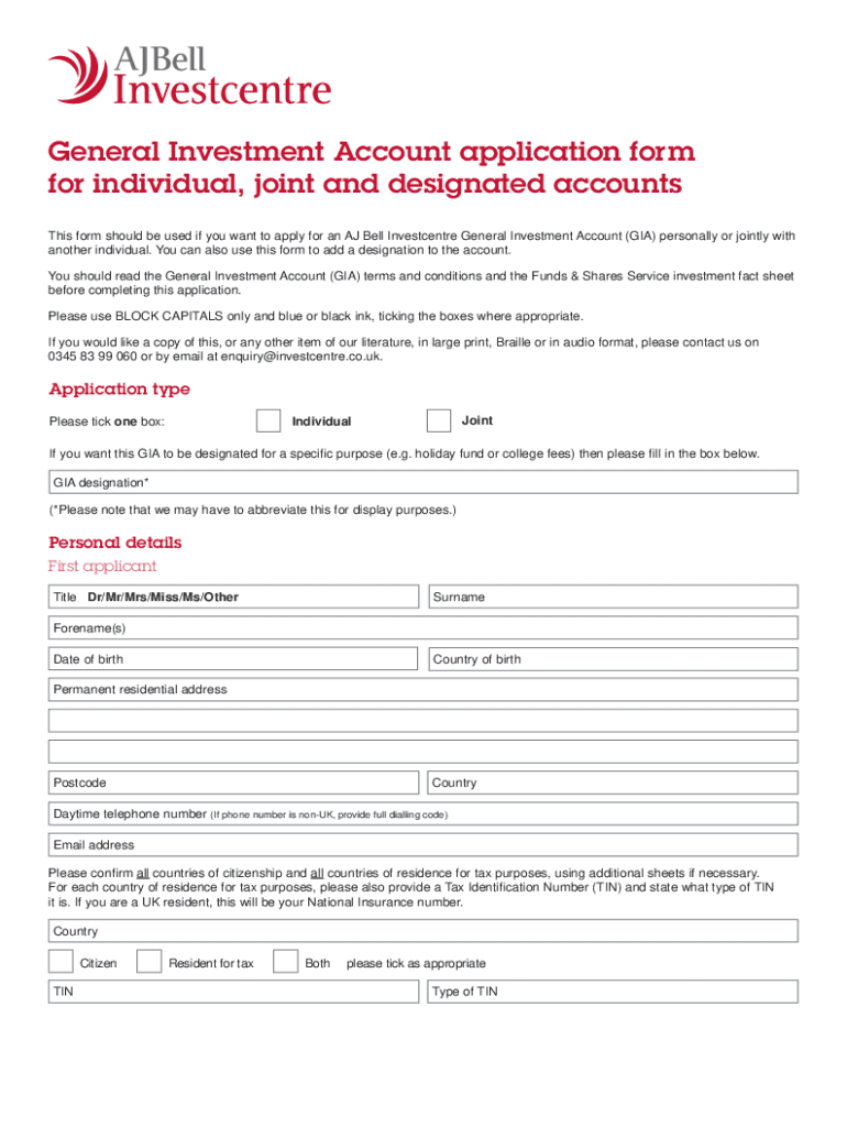 Fillable Online General Investment Account application form for ...