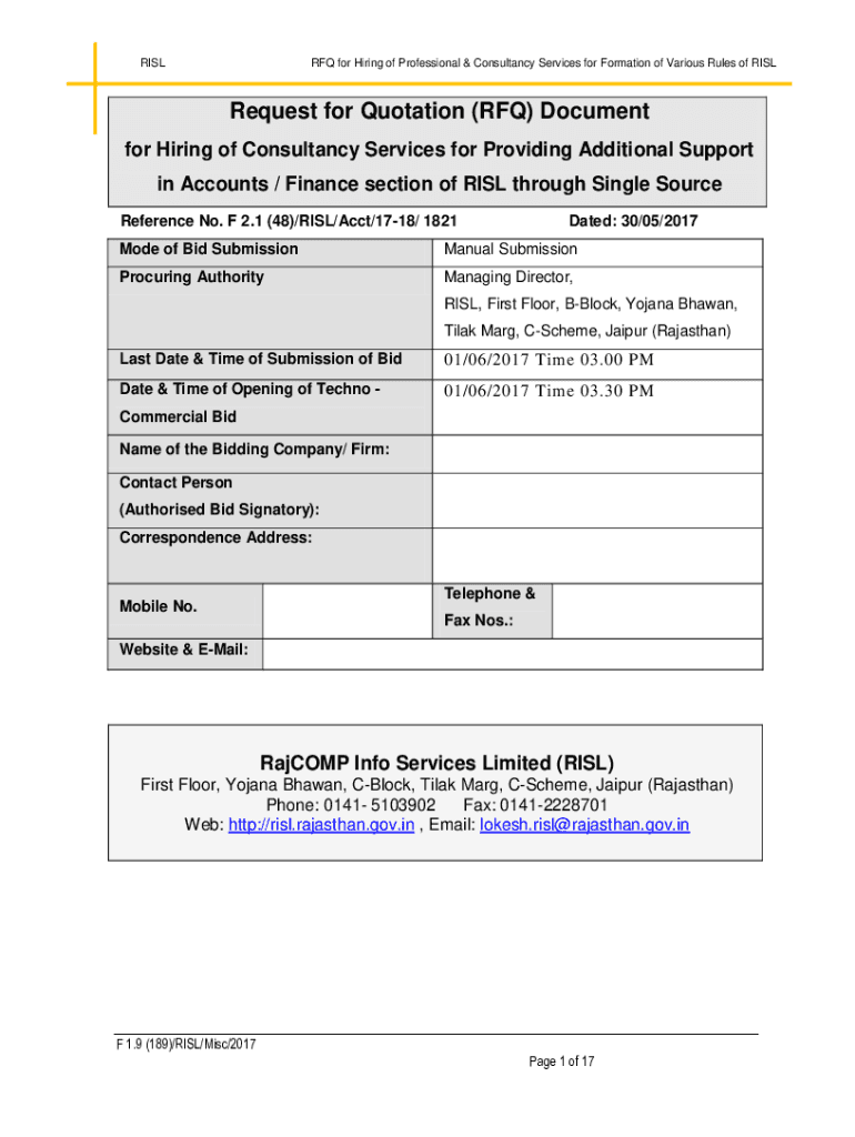 Fillable Online risl rajasthan gov Request for Quotation (RFQ) Document ...