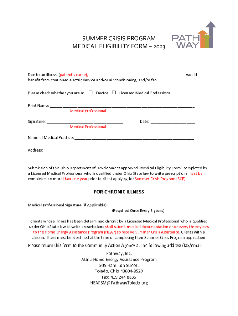 Fillable Online Summer Crisis Medical Eligibility Form2023 Fax Email Print - pdfFiller