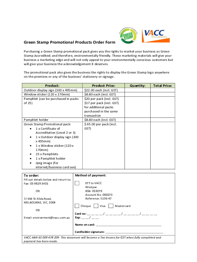 Fillable Online Green Stamp Promotional Products Order Form Fax Email ...