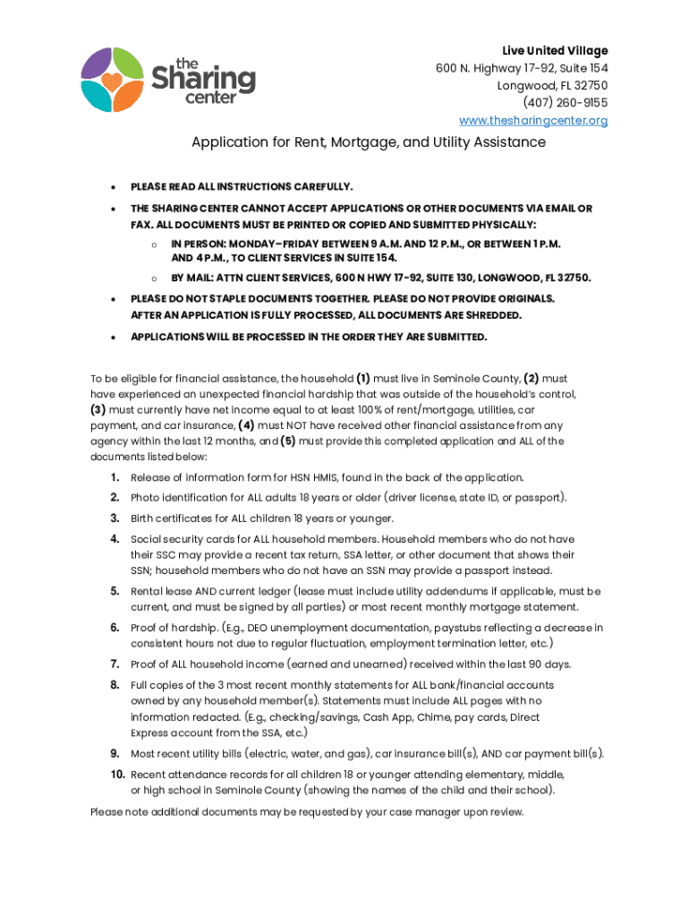 Fillable Online Application for Rent, Mortgage, and Utility Assistance ...
