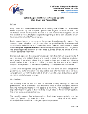 Fillable Online Agreement Between Vanpool Operator and Vanpool Rider ...