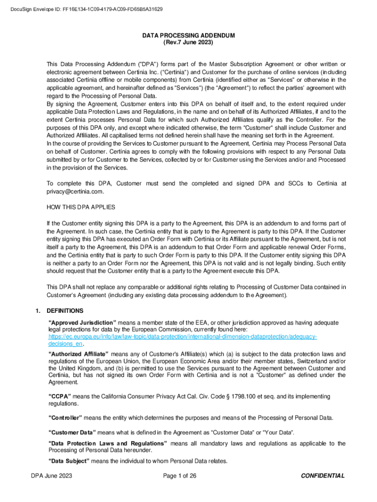 Fillable Online This Data Processing Addendum Dpa Forms Part Of The Master Subscription