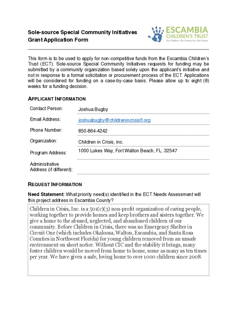 Fillable Online Sole-source Special Community Initiatives Grant ...