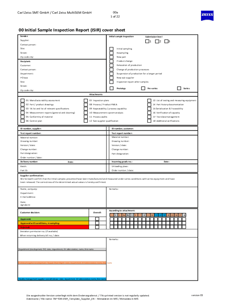 Fillable Online 00 Initial Sample Inspection Report (ISIR) cover sheet ...