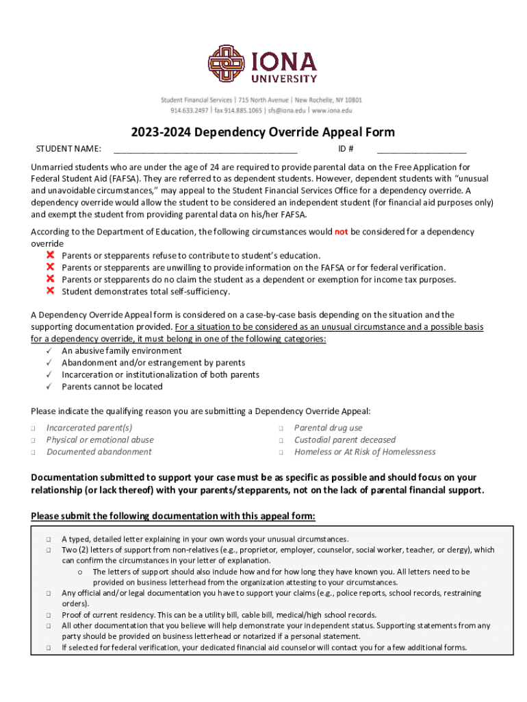 Fillable Online 2023-2024 Dependency Override Request - Financial Aid ...