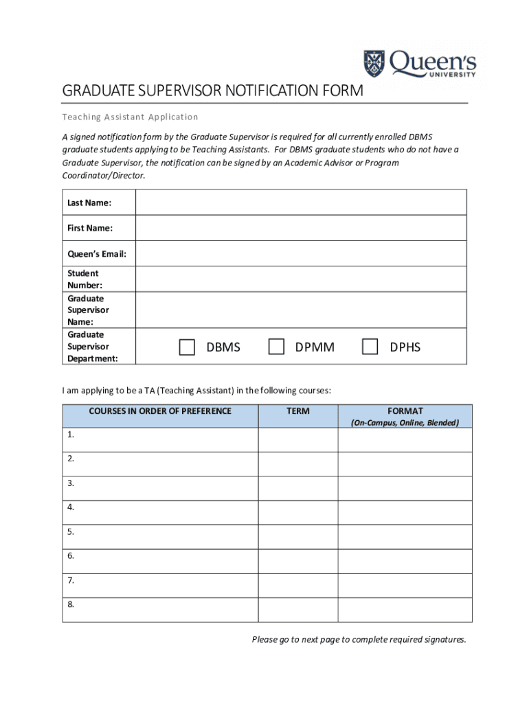Fillable Online GRADUATE SUPERVISOR NOTIFICATION FORM Fax Email Print ...