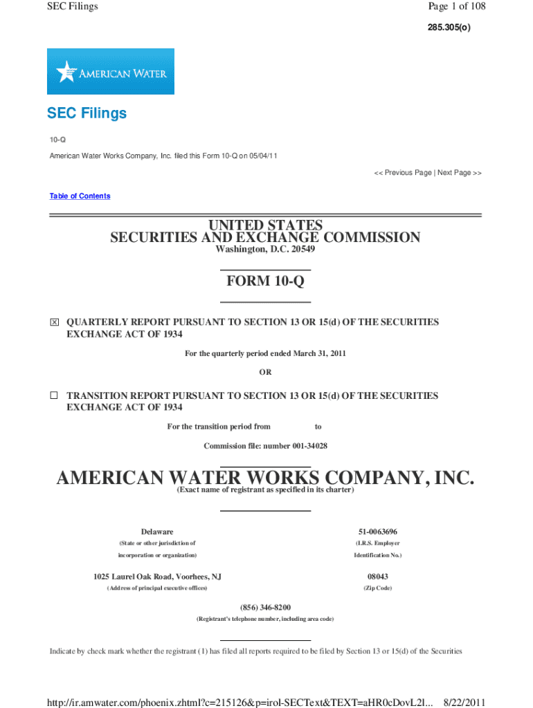 Fillable Online icc illinois American Water Works Company, Inc. (Form: 10-Q, Received Fax Email ...