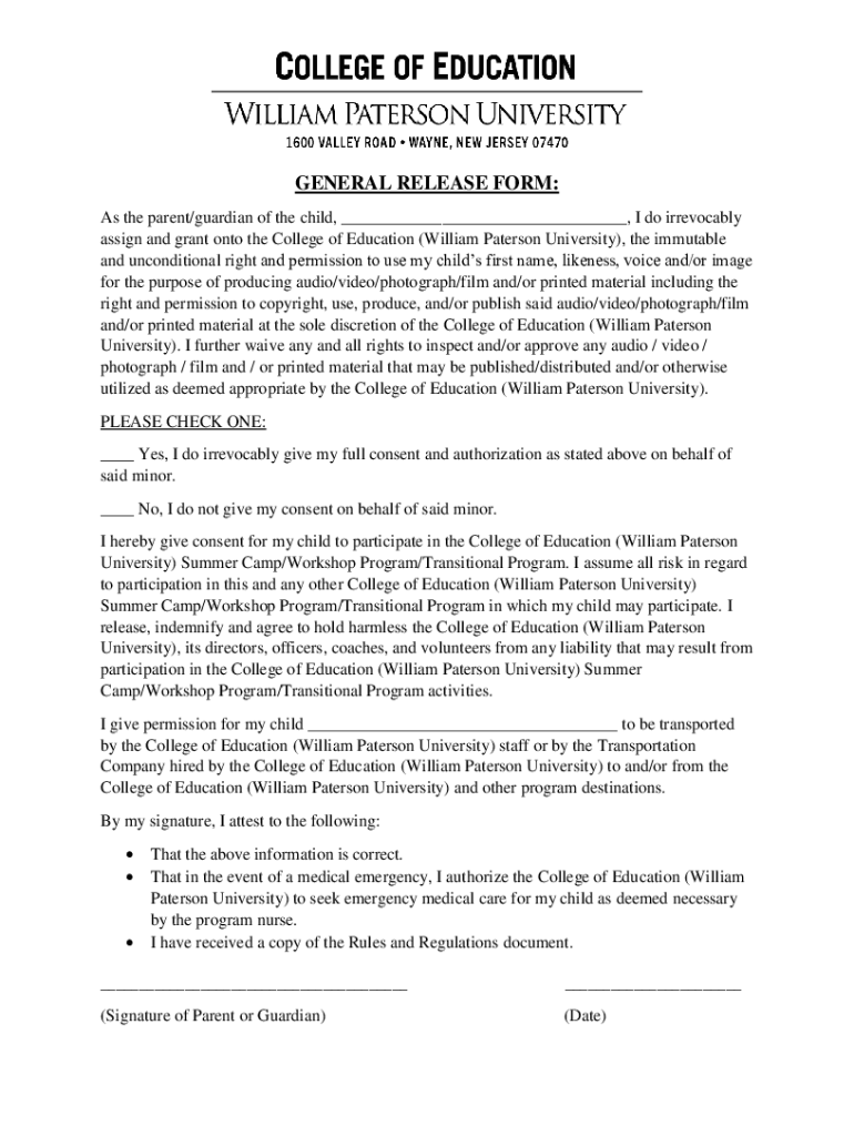 Fillable Online GENERAL RELEASE FORM: Fax Email Print - pdfFiller