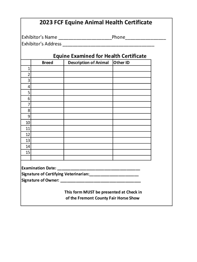 Fillable Online Horses from the United States - Sample Veterinary ...