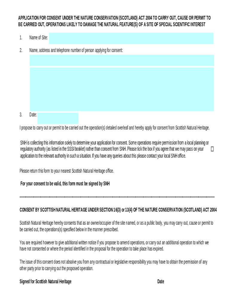 Application for consent for SSSI'sNatureScot Doc Template | pdfFiller