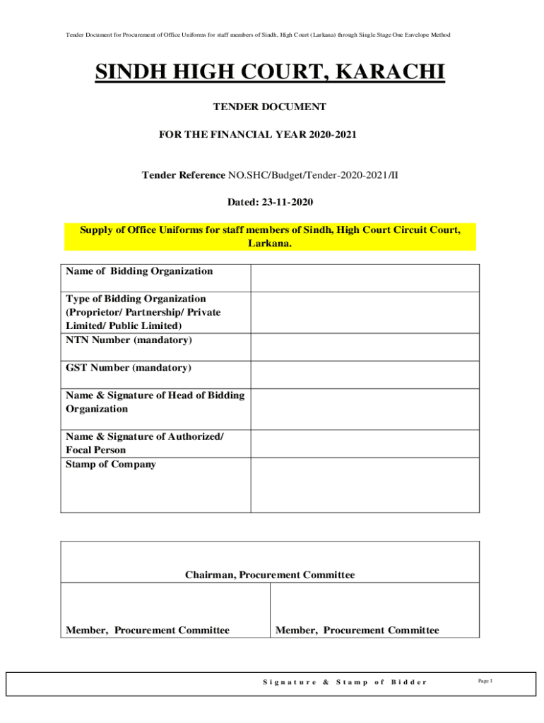 Fillable Online Tender Document for Procurement of Office Uniforms for staff members of Sindh ...