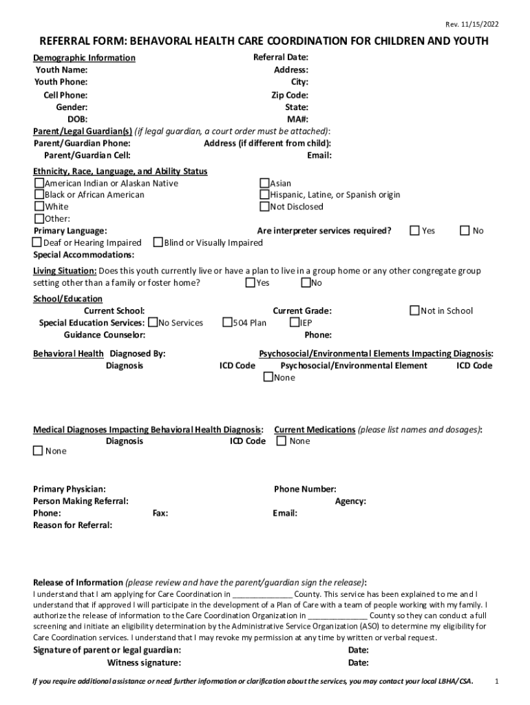 Fillable Online REFERRAL FORM: BEHAVORAL HEALTH CARE COORDINATION ...