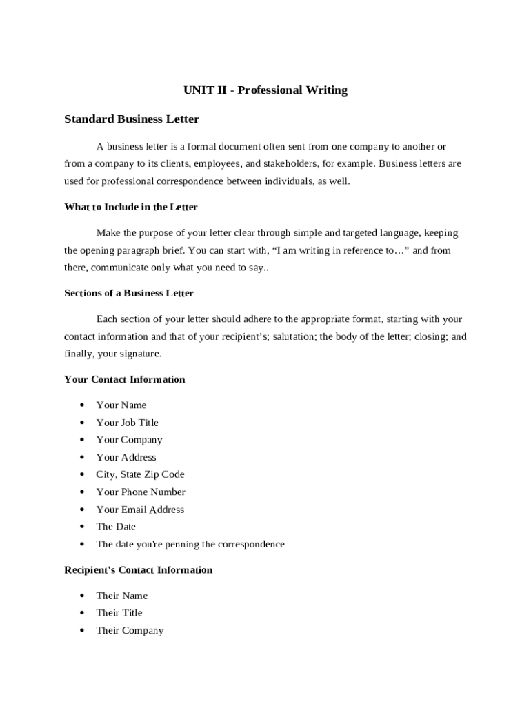 UNIT II - Professional Writing Standard Business Letter Doc Template ...