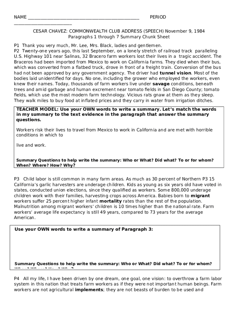 Chavez Speech Paragraphs 1to7 Summary Chunk Sheet. ... - sms rcschools ...