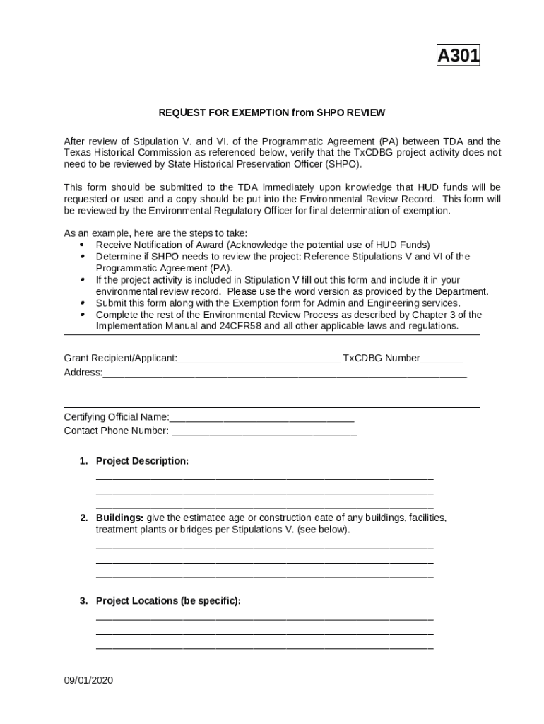 A301 - Request for Exemption from SHPO Review. ... Doc Template | pdfFiller
