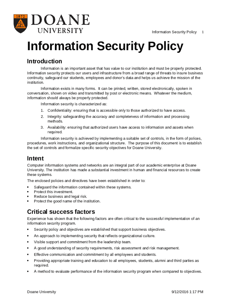 Ination Security Policy. Ination Security Policy IAW ISO 17799 Doc Template | pdfFiller