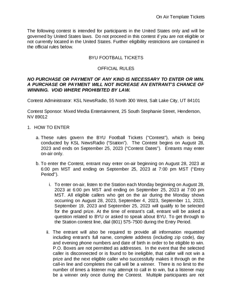 BYU Football Ticket Giveaway Rules (Final) Doc Template | pdfFiller