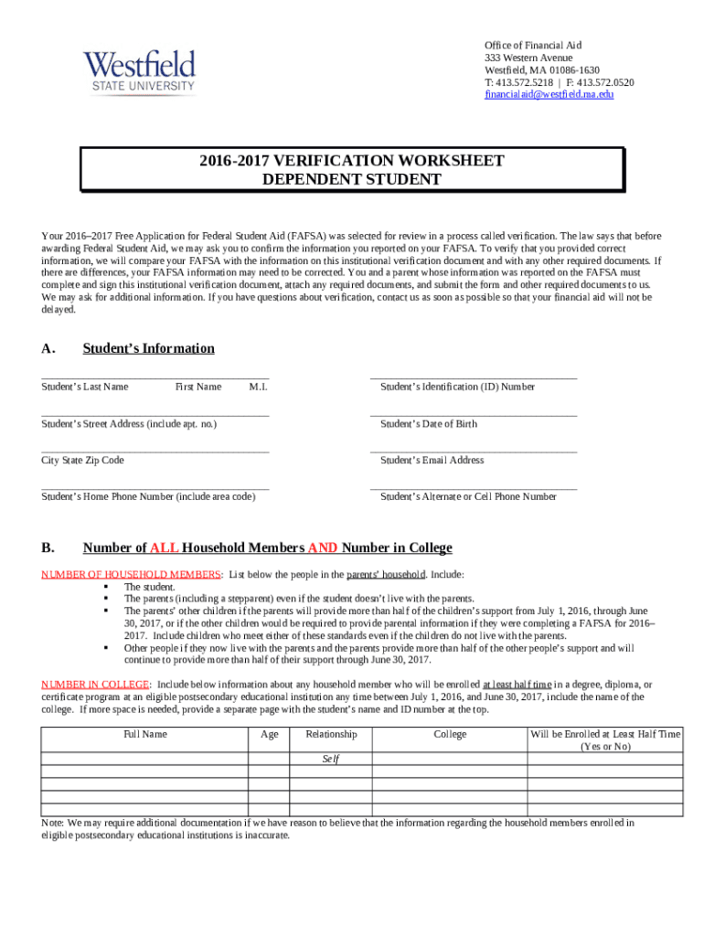 2015-2023 FAFSA Verification Worksheet Dependent ... Doc Template | pdfFiller