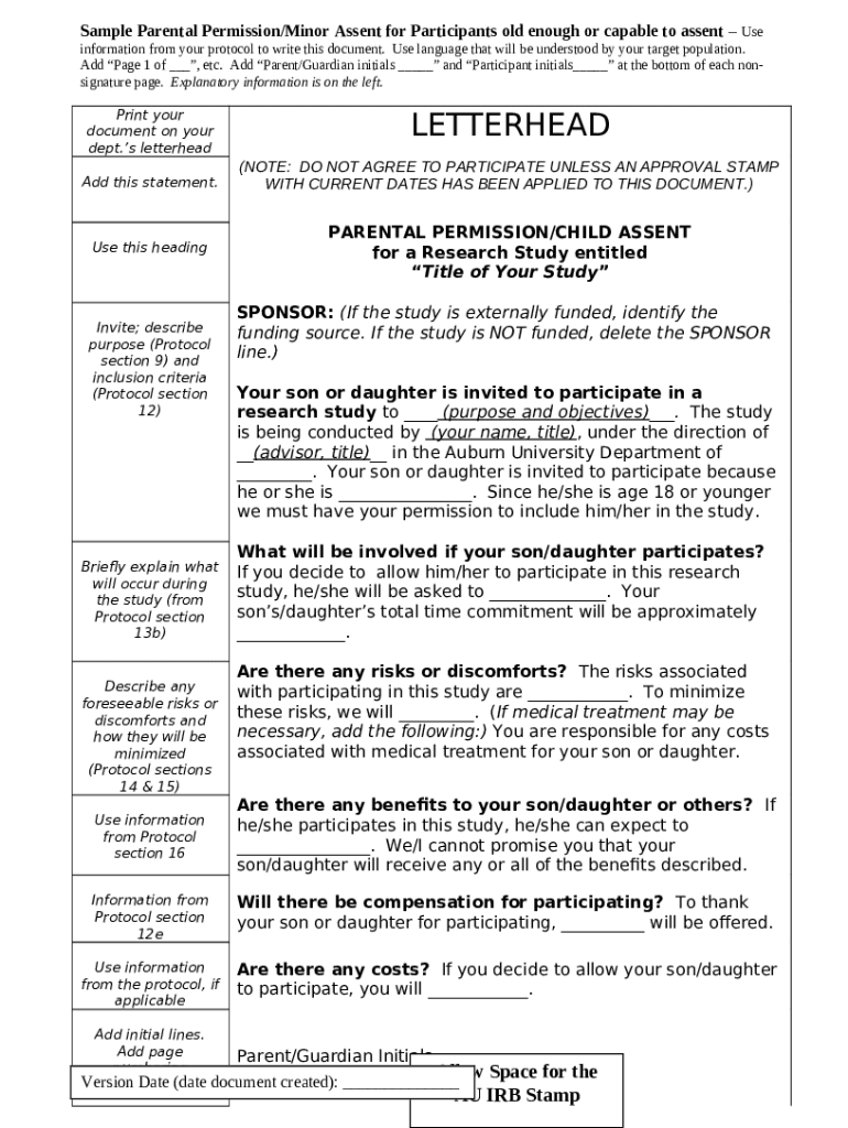 Child Assent and Permission by Parents or Doc Template | pdfFiller