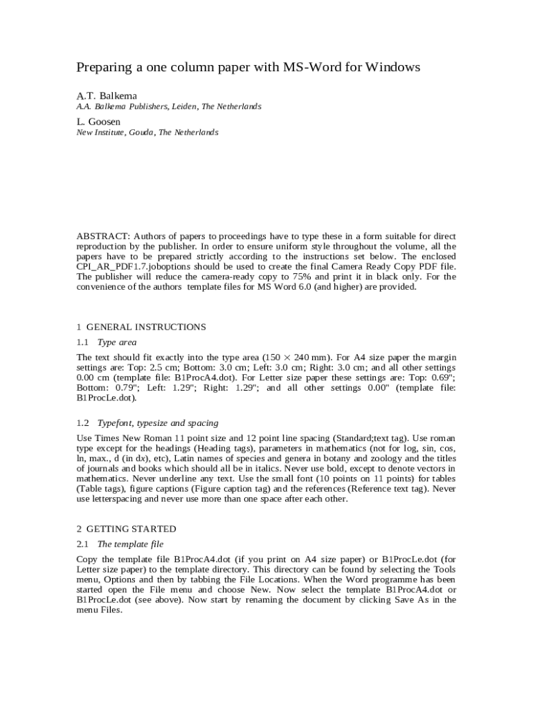 Preparing a one column paper with Word for Windows Doc Template | pdfFiller
