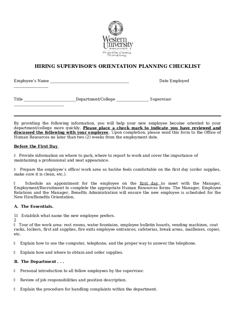 Orientation & Onboarding Guide for Supervisors Doc Template | pdfFiller