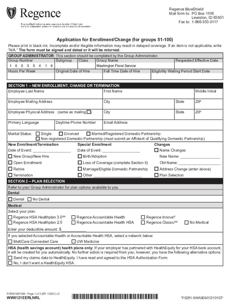 Fillable Online 2021 Regence BlueShield Application For Enrollment ...