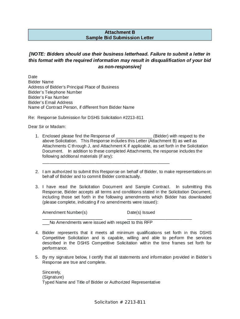 Attachment B Sample Bid Submission Letter Doc Template | pdfFiller