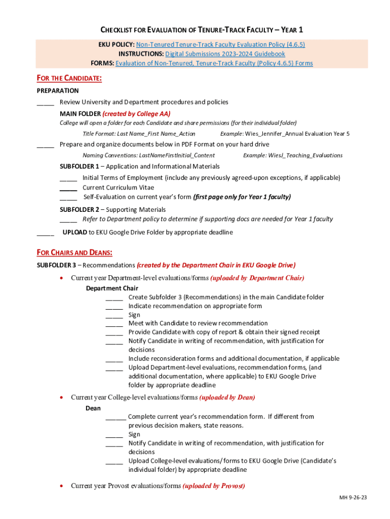 Fillable Online CHECKLIST FOR EVALUATION OF TENURE-TRACK FACULTY YEAR 1 ...