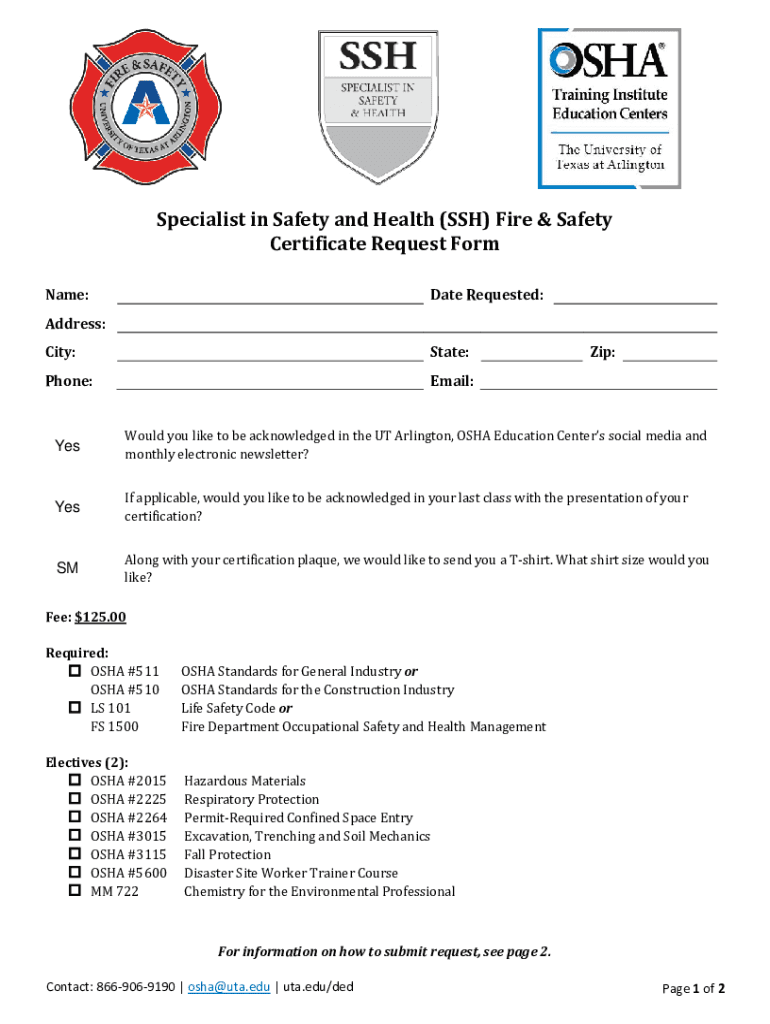 Fillable Online SSH Fire & Safety Certificate Request Form.pdf Fax ...