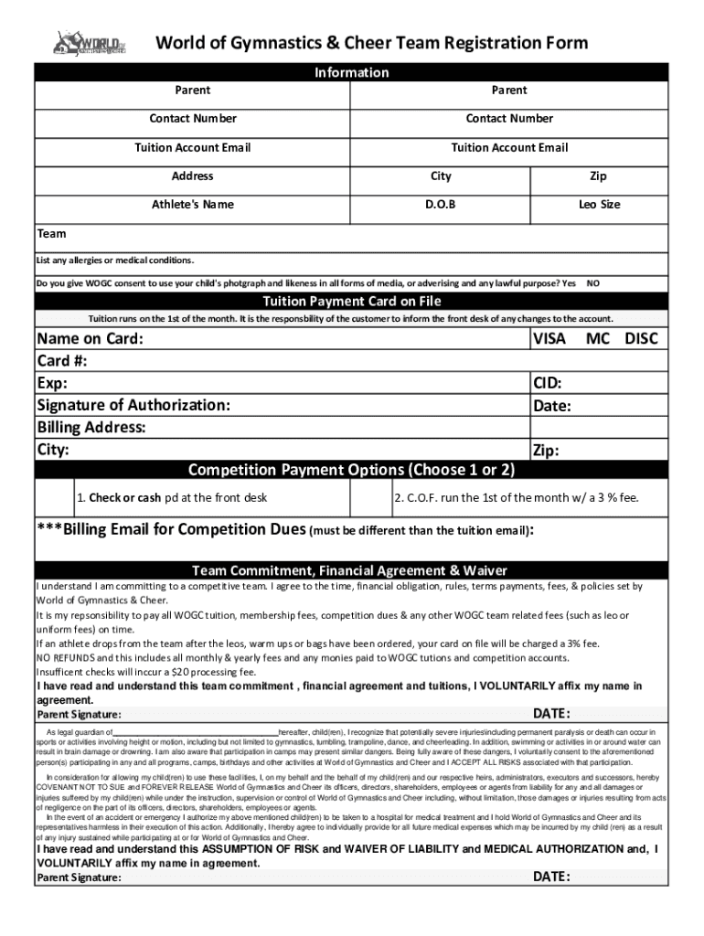 Fillable Online World of Gymnastics & Cheer Team Registration Form Fax ...