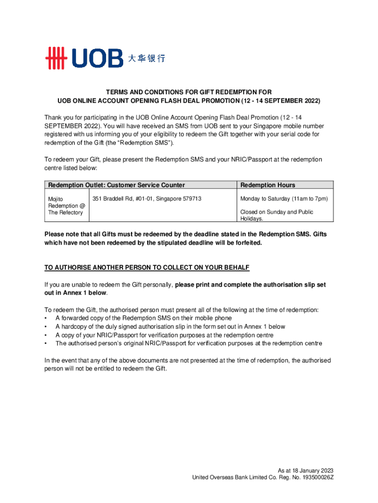 Fillable Online TnCs FOR GIFT REDEMPTION FOR UOB ONLINE ACCOUNT OPENING FLASH DEAL PROMOTION (12 ...