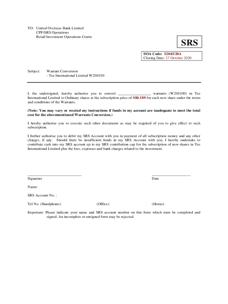 Fillable Online SRS Form - Tee Intl W201030 Fax Email Print - pdfFiller