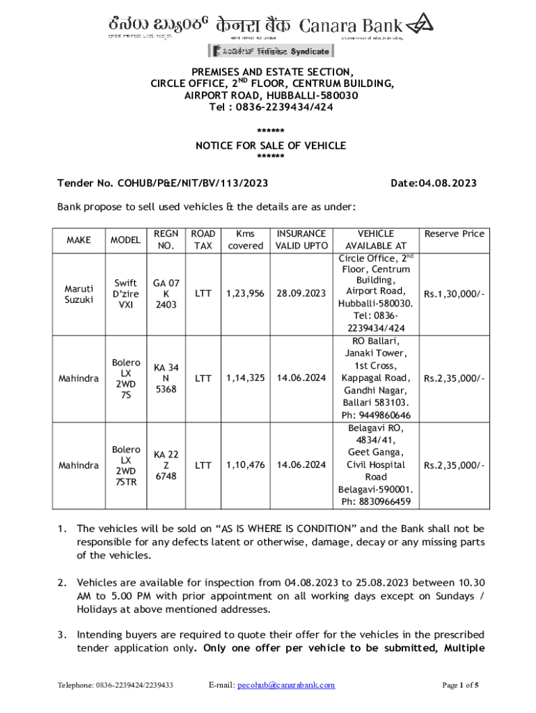 Fillable Online Notice inviting tender for hiring of vehicle for the ...