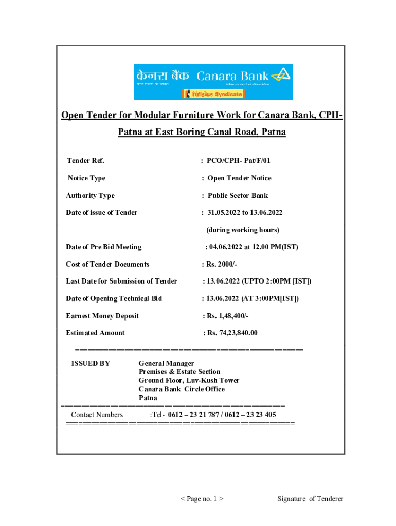 Fillable Online Tender For Electrical Work For Canara Bank Fax Email ...
