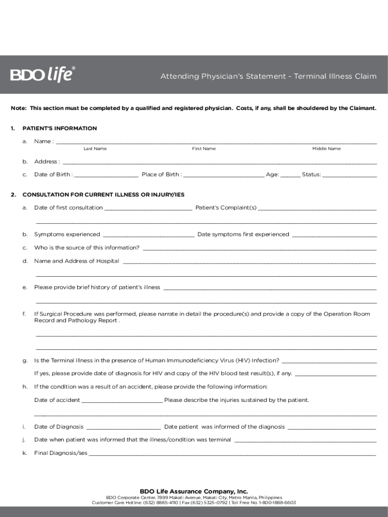 Fillable Online Attending Physician's Statement - Terminal Illness ...