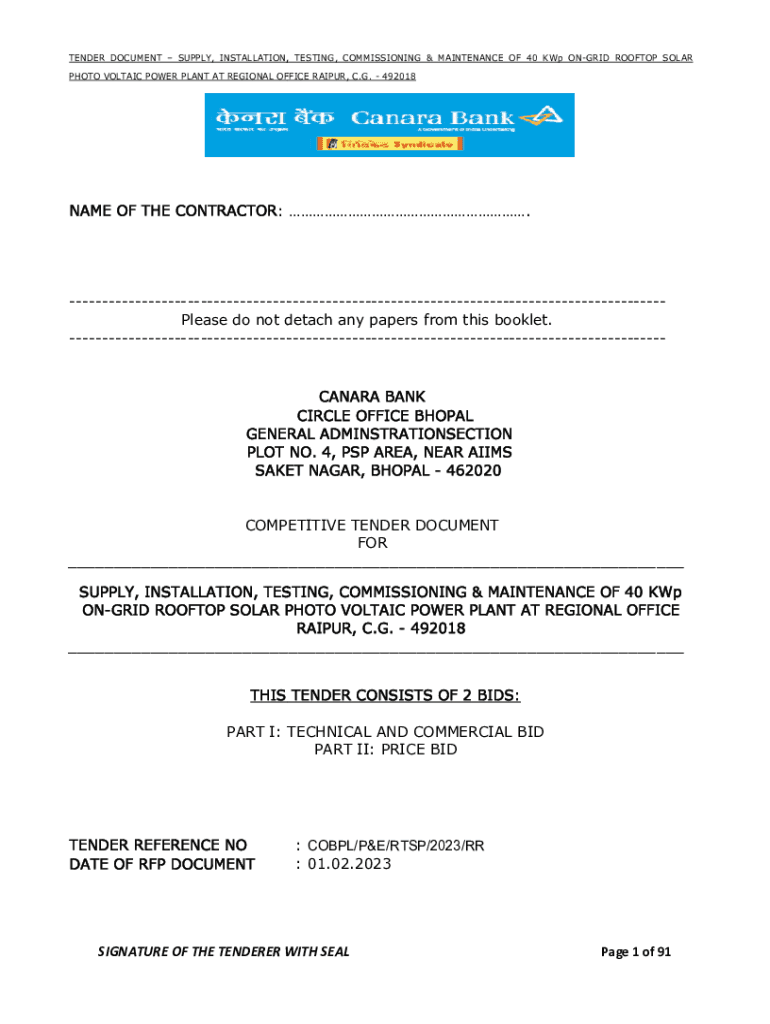 Fillable Online TENDER FOR 40Kwp RTSP AT CANARA BANK RAIPUR REGIONAL OFFICE BUILDING Fax Email ...