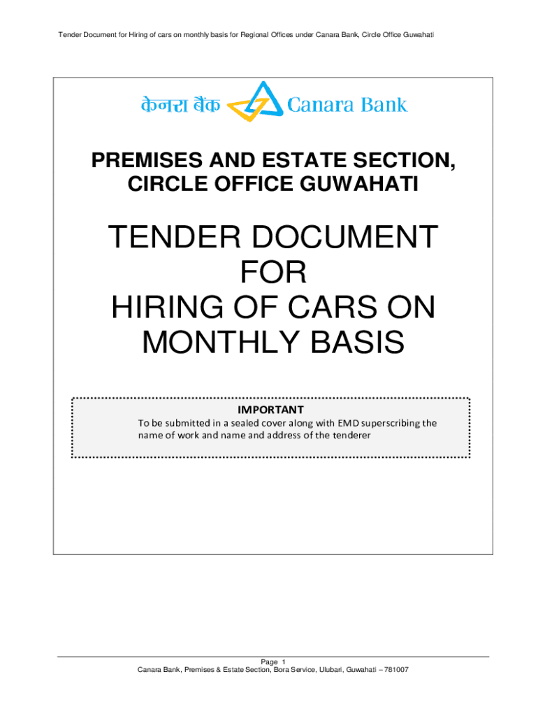 Fillable Online Tender Document for Hiring of cars on monthly basis for ... Fax Email Print ...