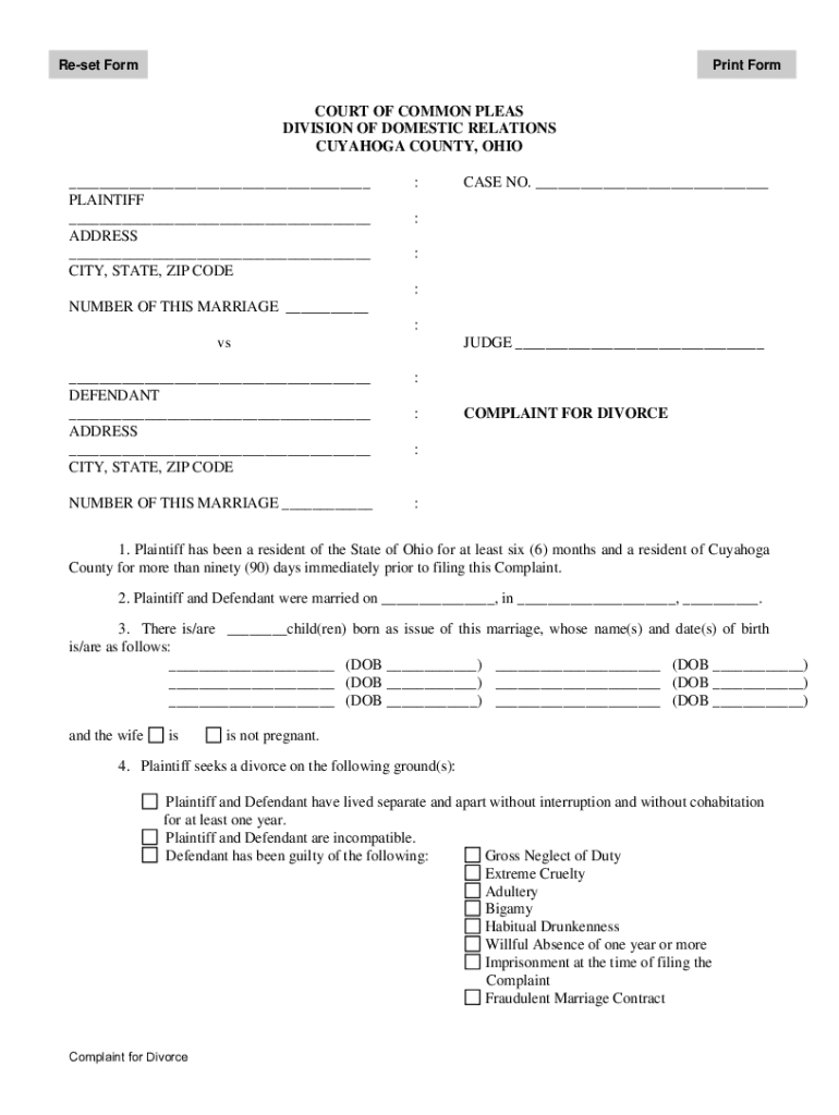 Fillable Online domestic cuyahogacounty divorce instructions/forms ...
