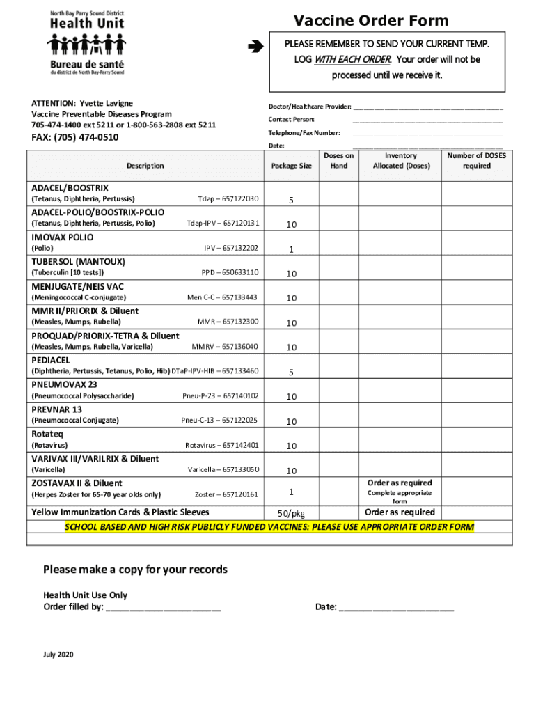 Fillable Online Online Vaccine Order Form Fax Email Print - pdfFiller